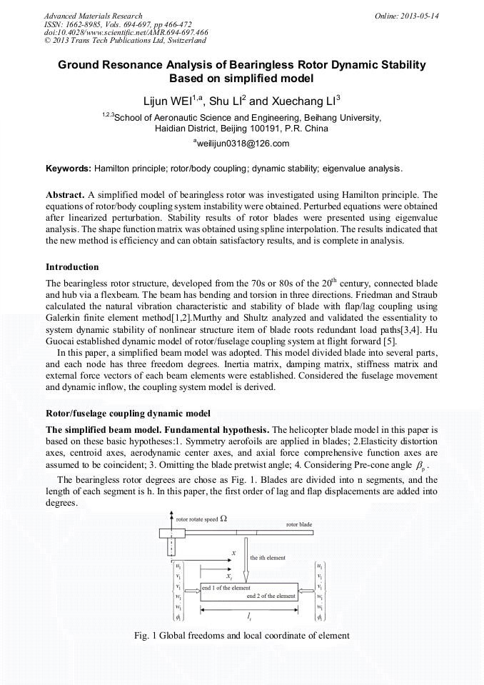 Ground Resonance Analysis of Bearingless Rotor Dynamic Stability Based ...