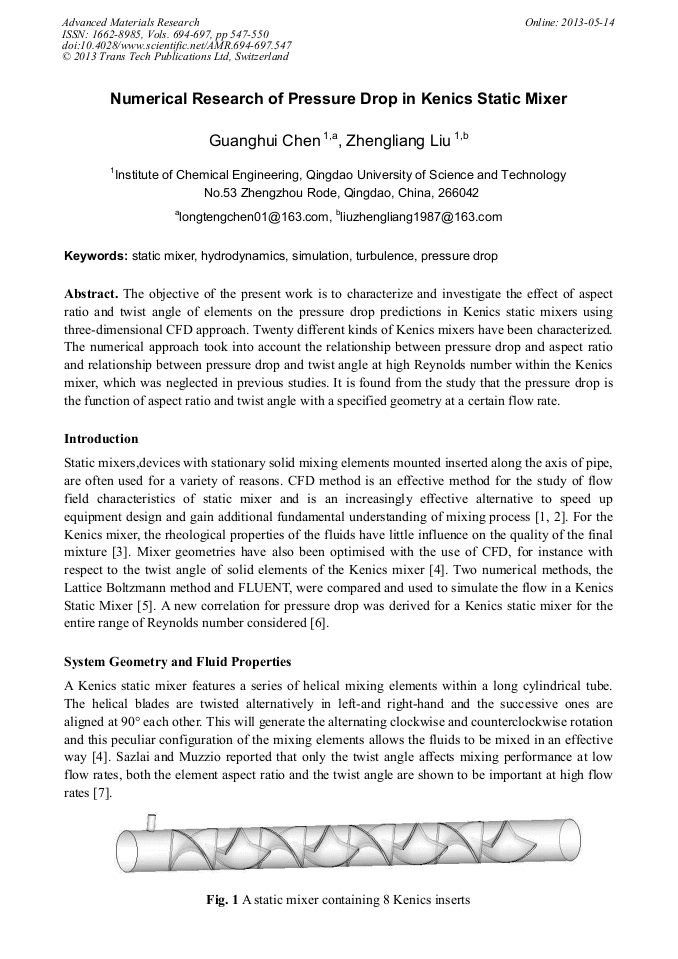 Numerical Research of Pressure Drop in Kenics Static Mixer | Scientific.Net