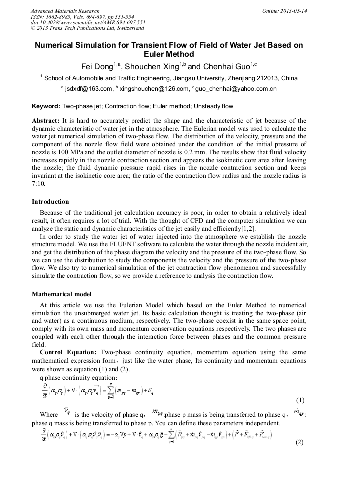 Numerical Simulation for Transient Flow of Field of Water Jet Based on ...