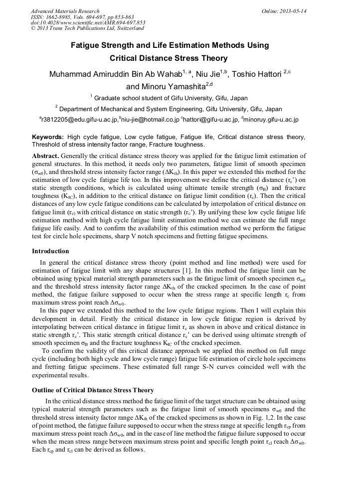 Fatigue Strength and Life Estimation Methods Using Critical Distance ...