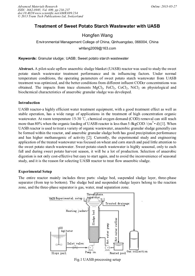 Treatment of Sweet Potato Starch Wastewater with UASB | Scientific.Net