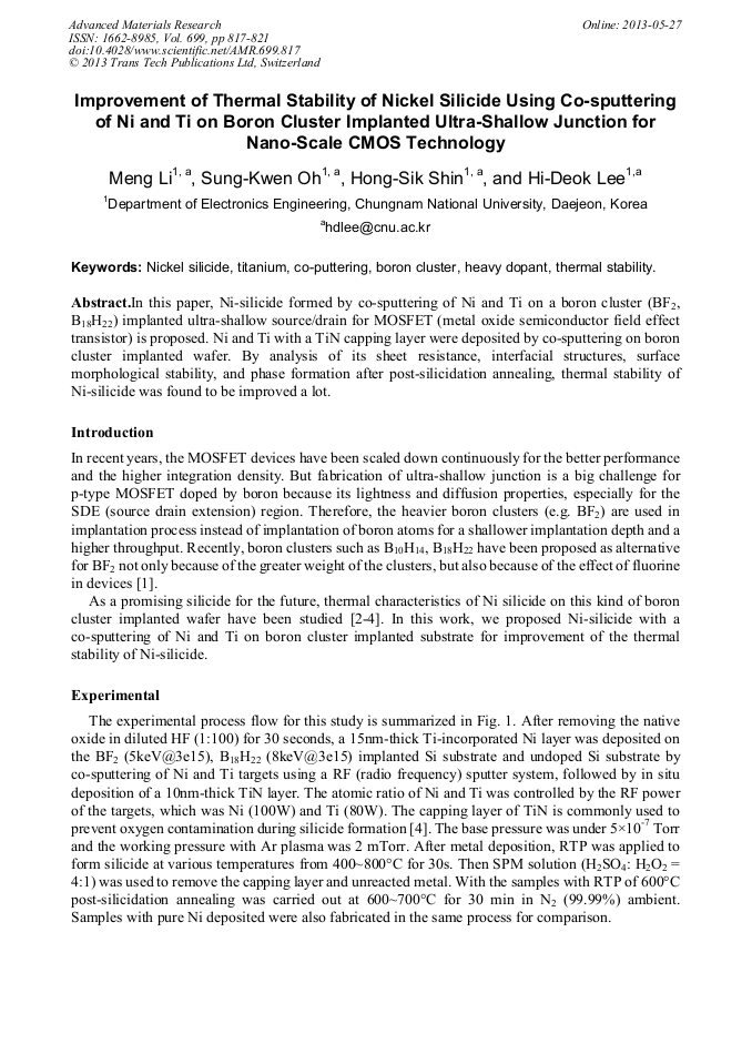 Improvement of Thermal Stability of Nickel Silicide Using Co-Sputtering ...