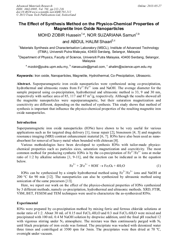 The Effect of Synthesis Method on the Physico-Chemical Properties of ...