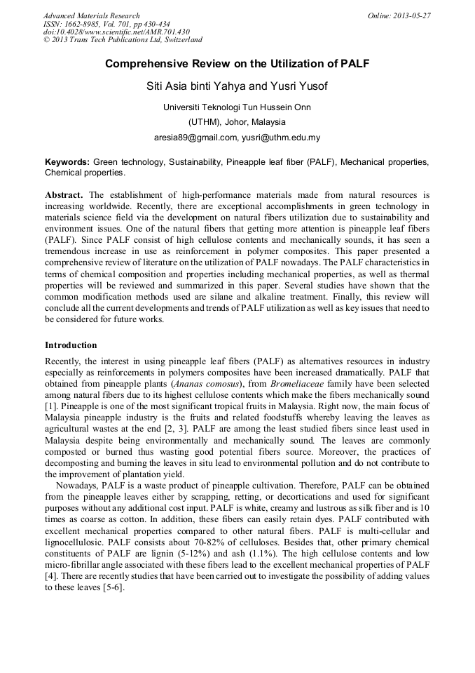 Comprehensive Review on the Utilization of PALF | Scientific.Net