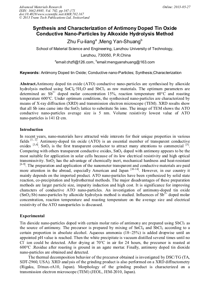 Synthesis and Characterization of Antimony Doped Tin Oxide Conductive ...