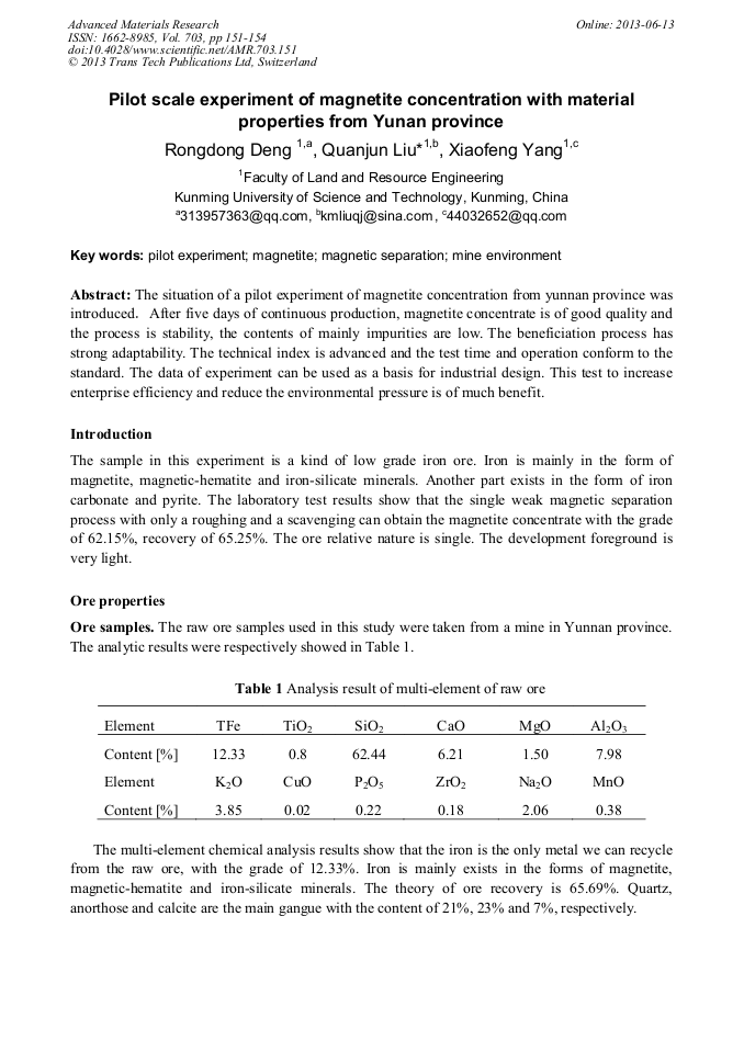 Pilot Scale Experiment of Magnetite Concentration with Material ...