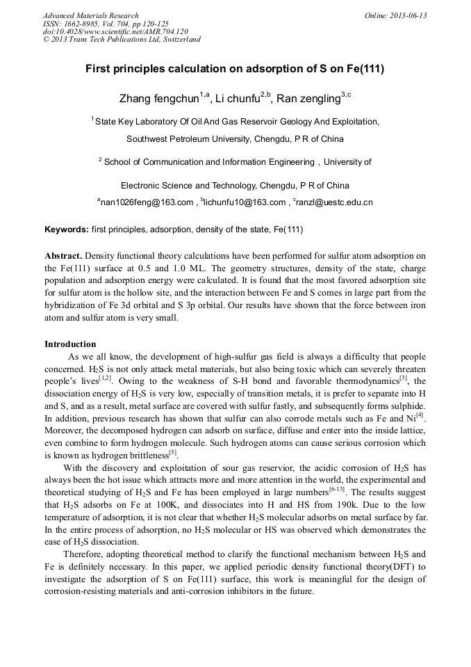 First Principles Calculation on Adsorption of S on Fe(111) | Scientific.Net