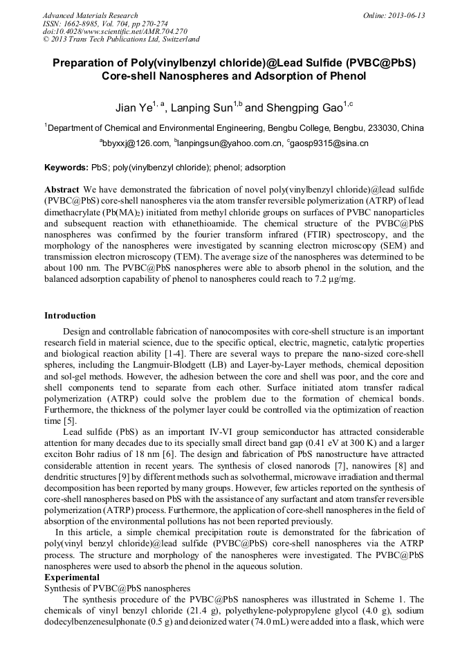 Preparation of Poly(Vinylbenzyl Chloride)@Lead Sulfide (PVBC@PbS) Core ...