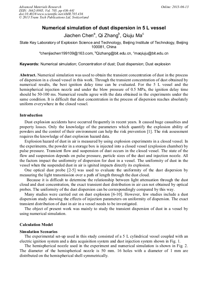 Numerical Simulation of Dust Dispersion in 5 L Vessel | Scientific.Net