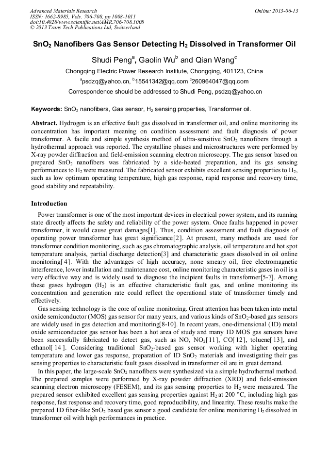 SnO2 Nanofibers Gas Sensor Detecting H2 Dissolved in Transformer Oil ...