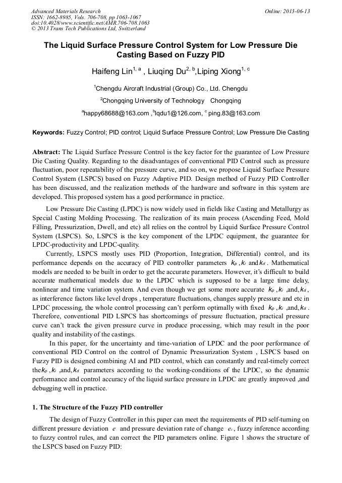 The Liquid Surface Pressure Control System for Low Pressure Die Casting ...