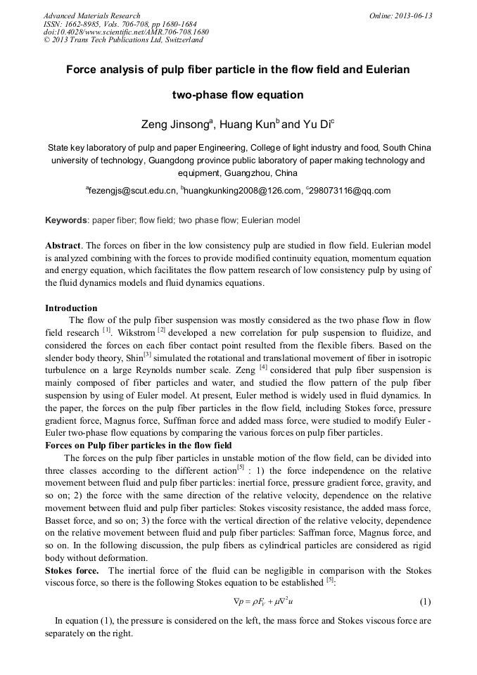 Force Analysis of Pulp Fiber Particle in the Flow Field and Eulerian Two-Phase Flow Equation ...