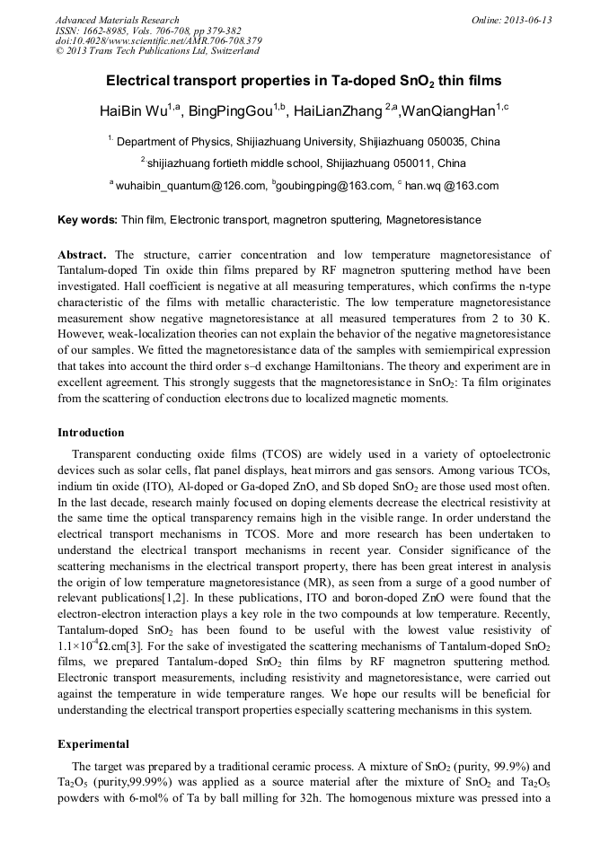 Electrical Transport Properties in Ta-Doped SnO2 Thin Films ...