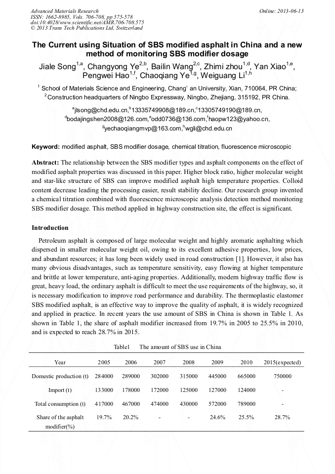 The Current Using Situation of SBS Modified Asphalt in China and a New ...