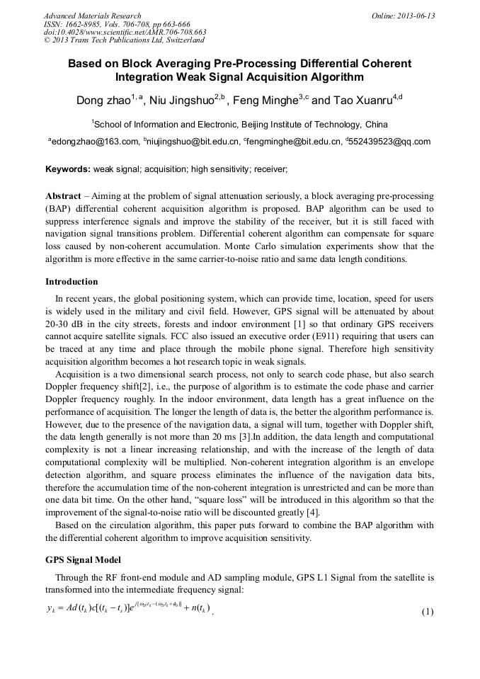 Based on Block Averaging Pre-Processing Differential Coherent Integration Weak Signal ...