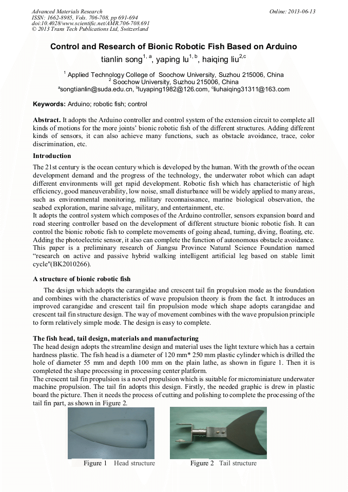 Control and Research of Bionic Robotic Fish Based on Arduino | Scientific.Net