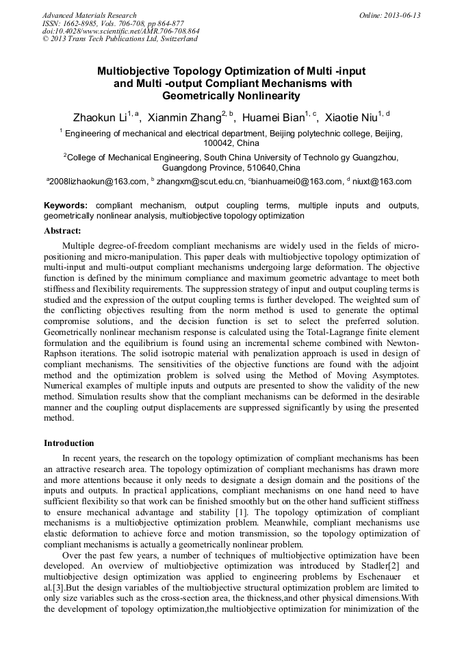 Multiobjective Topology Optimization of Multi-Input and Multi-Output Compliant Mechanisms with ...