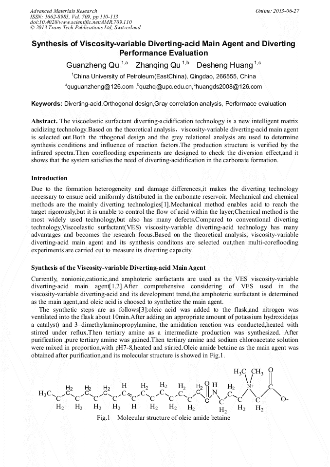 Synthesis of Viscosity-Variable Diverting-Acid Main Agent and Diverting ...