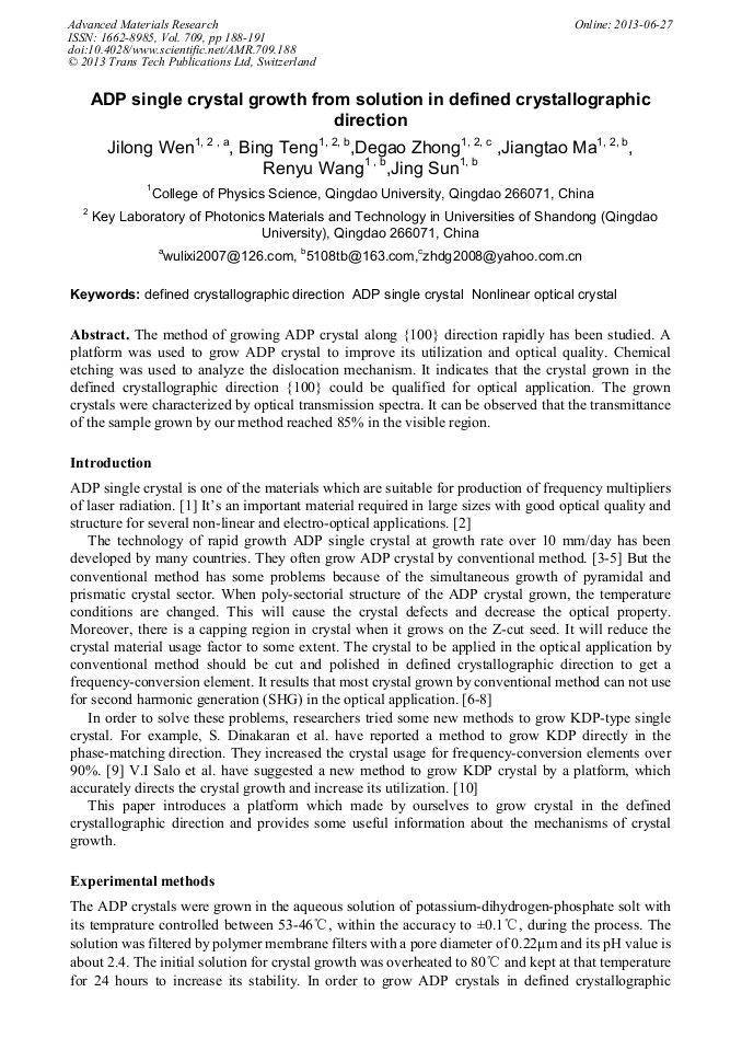 ADP Single Crystal Growth from Solution in Defined Crystallographic ...