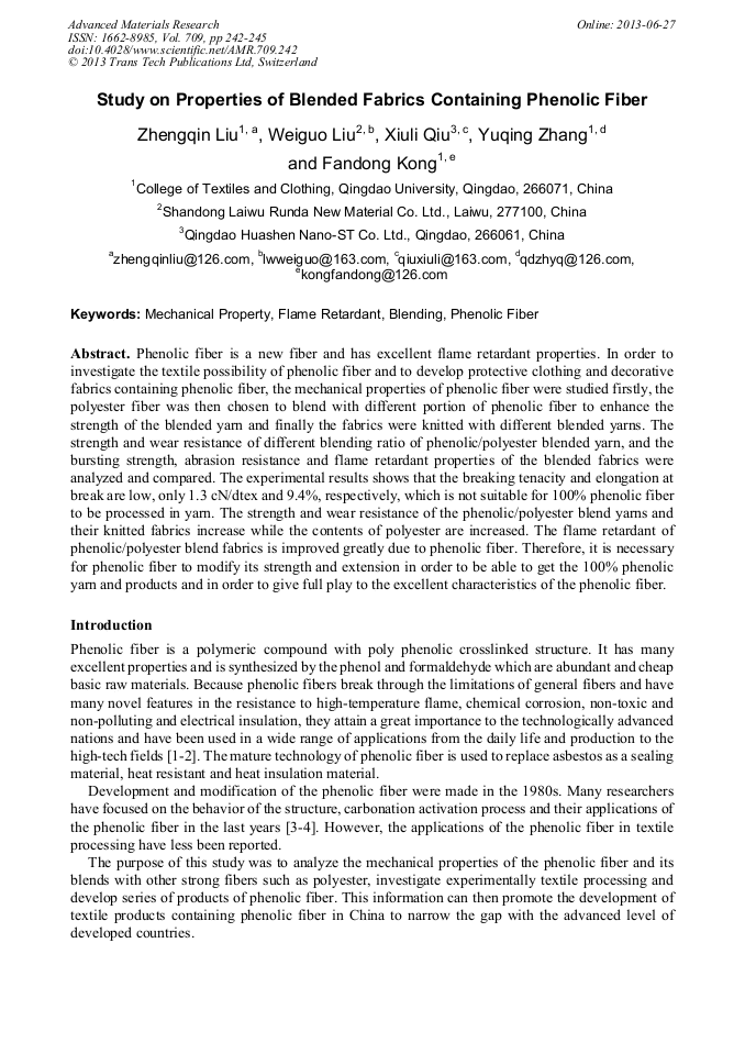 Study on Properties of Blended Fabrics Containing Phenolic Fiber ...