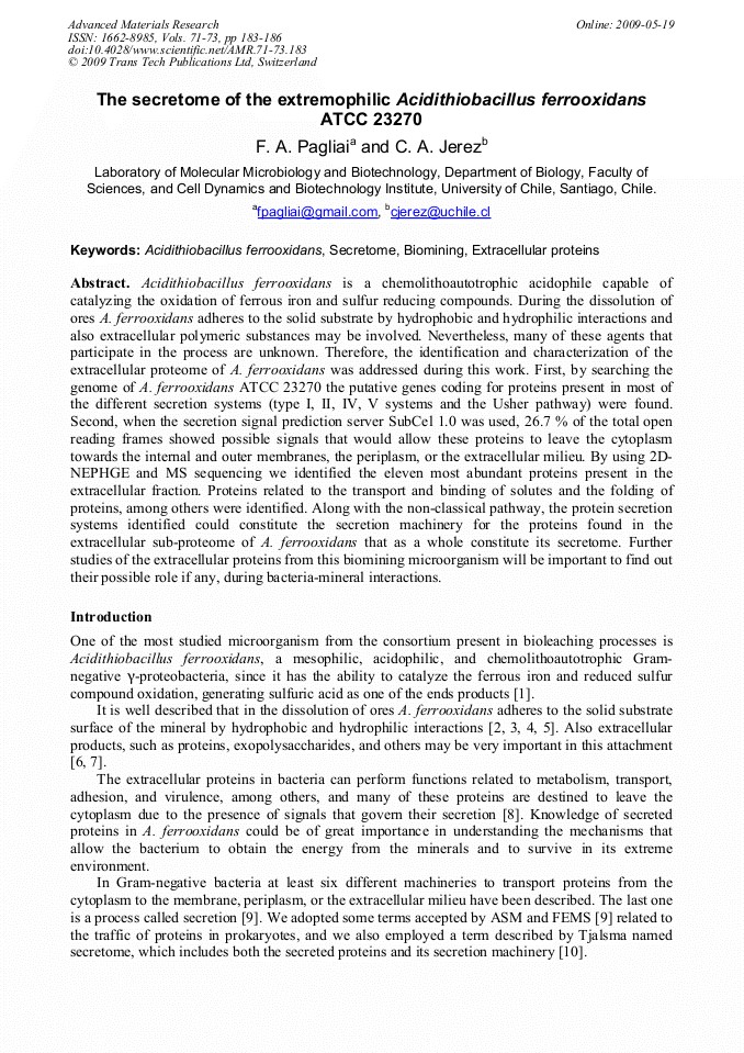 The Secretome of the Extremophilic Acidithiobacillus Ferrooxidans ATCC ...