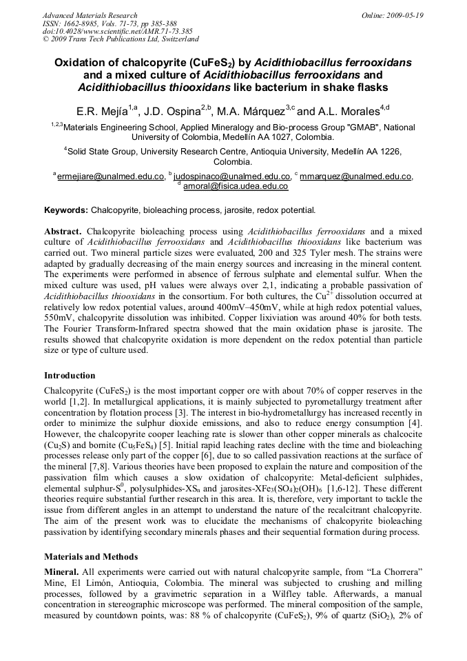 Oxidation of Chalcopyrite (CuFeS2) by Acidithiobacillus Ferrooxidans ...