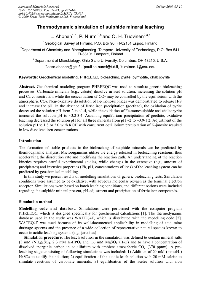Thermodynamic Simulation of Sulphide Mineral Leaching | Scientific.Net