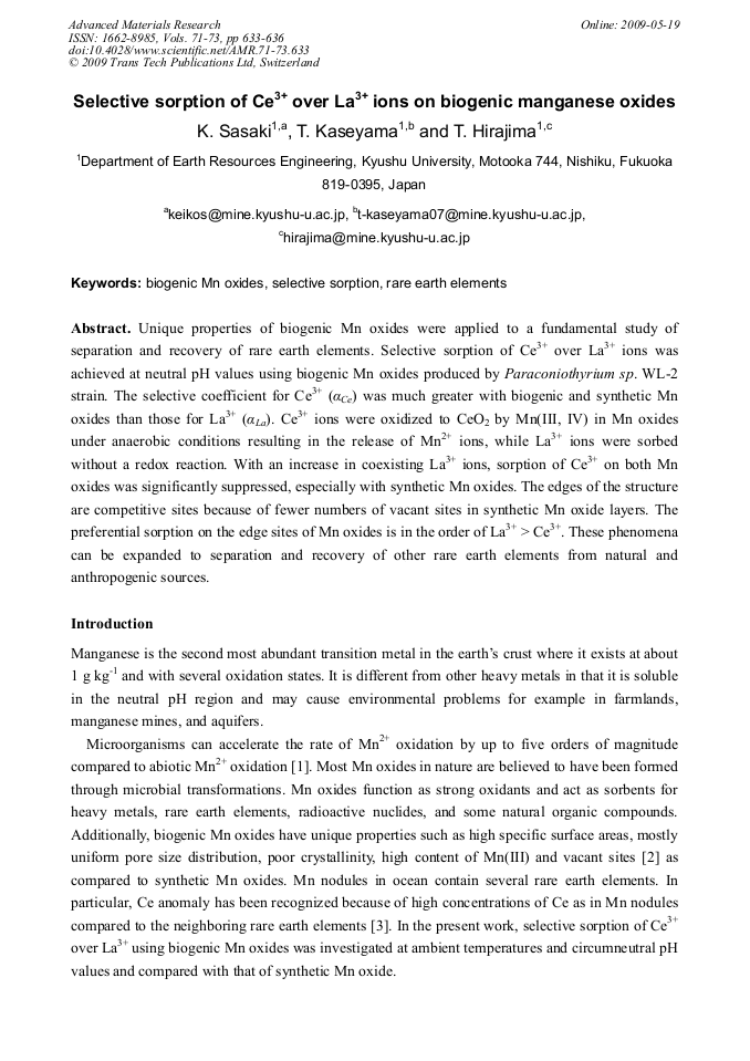 Selective Sorption of Ce3+ over La3+ Ions on Biogenic Manganese Oxides ...