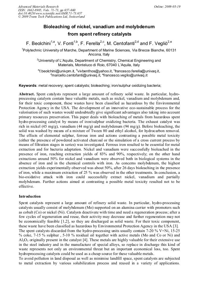 Bioleaching of Nickel, Vanadium and Molybdenum from Spent Refinery ...
