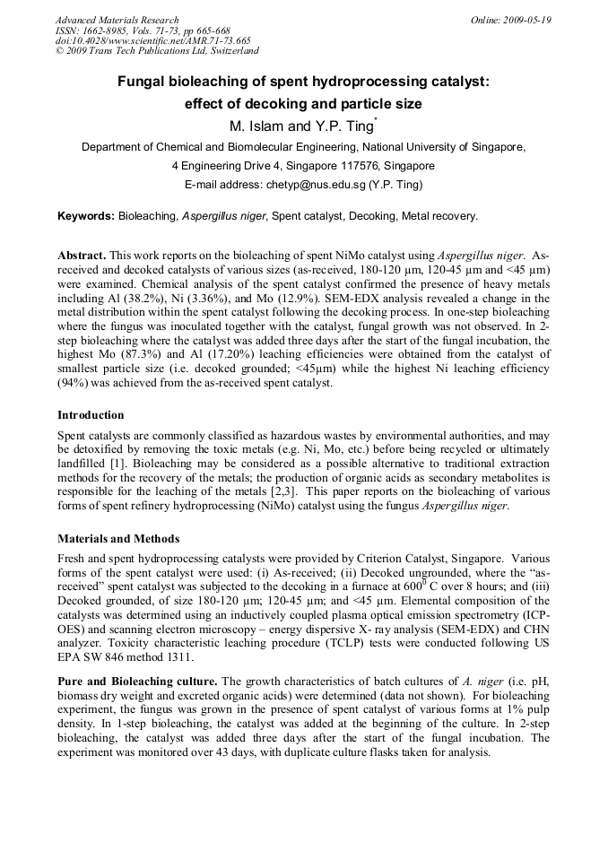 Fungal Bioleaching of Spent Hydroprocessing Catalyst: Effect of ...