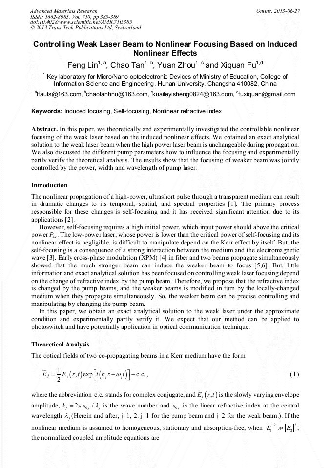 Controlling Weak Laser Beam to Nonlinear Focusing Based on Induced ...