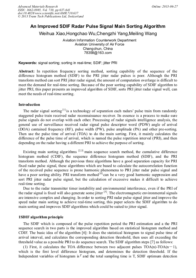 An Improved SDIF Radar Pulse Signal Main Sorting Algorithm | Scientific.Net