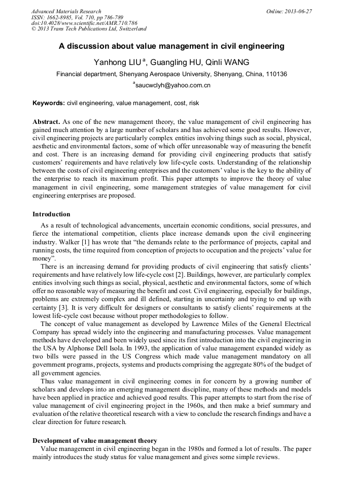 A Discussion about Value Management in Civil Engineering | Scientific.Net