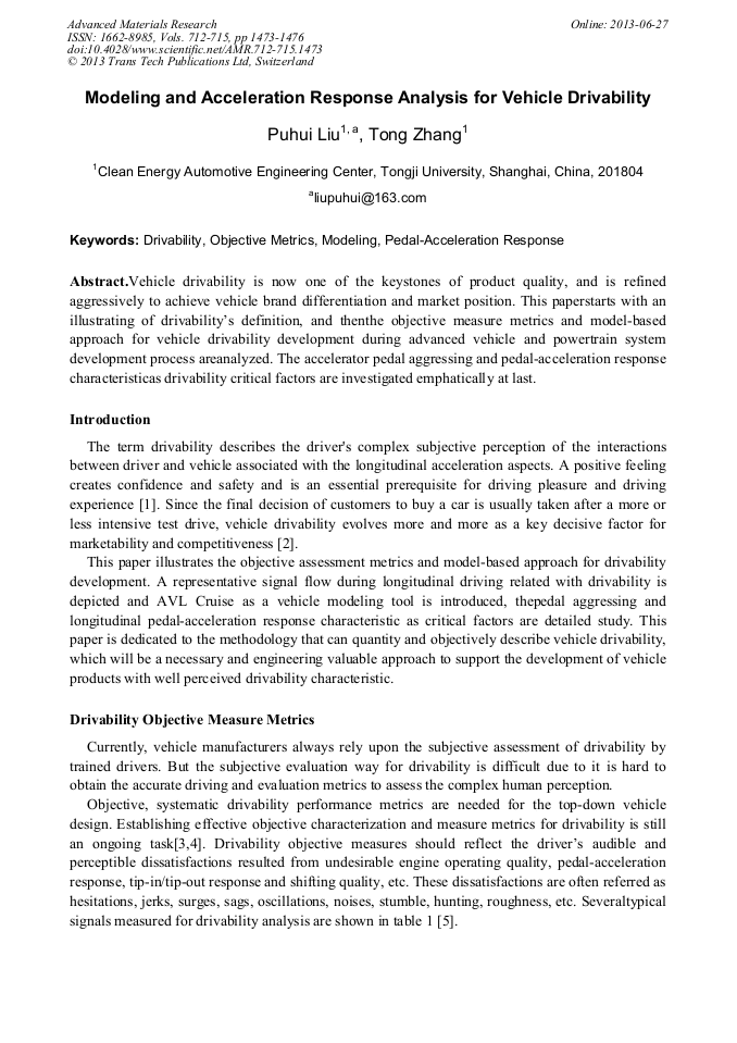 Modeling and Acceleration Response Analysis for Vehicle Drivability ...