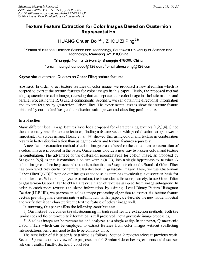 Texture Feature Extraction for Color Images Based on Quaternion Representation | Scientific.Net