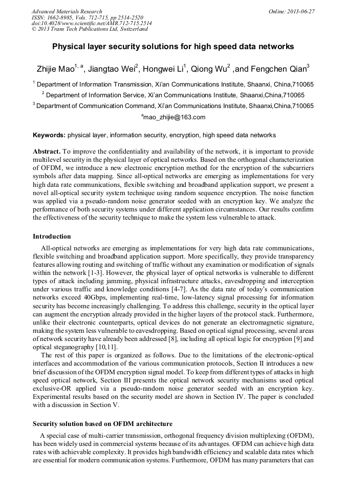 Physical Layer Security Solutions for High Speed Data Networks ...