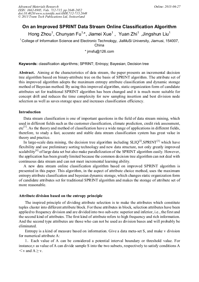 On an Improved SPRINT Data Stream Online Classification Algorithm | Scientific.Net