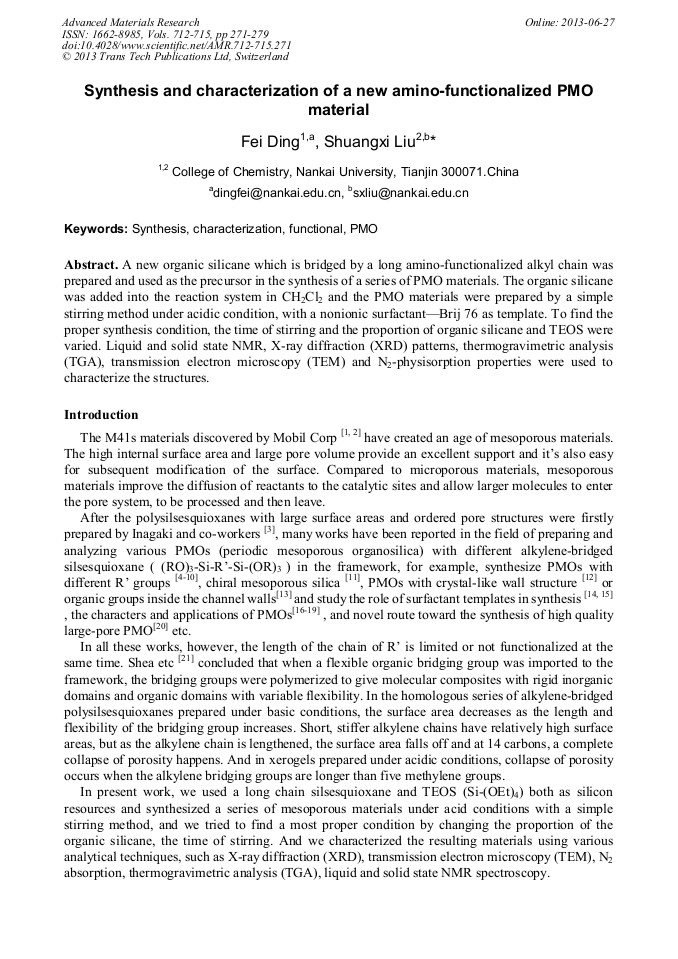 Synthesis and Characterization of a New Amino-Functionalized PMO ...