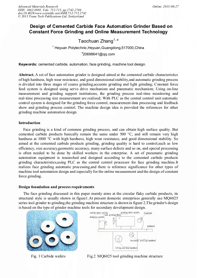 Design of Cemented Carbide Face Automation Grinder Based on Constant ...