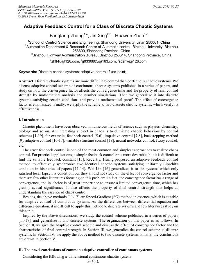 Adaptive Feedback Control for a Class of Discrete Chaotic Systems ...
