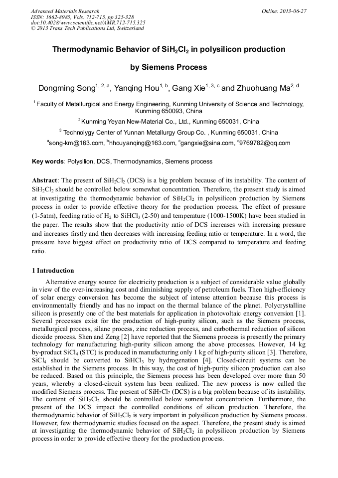Thermodynamic Behavior of SiH2Cl2 in Polysilicon Production by Siemens ...