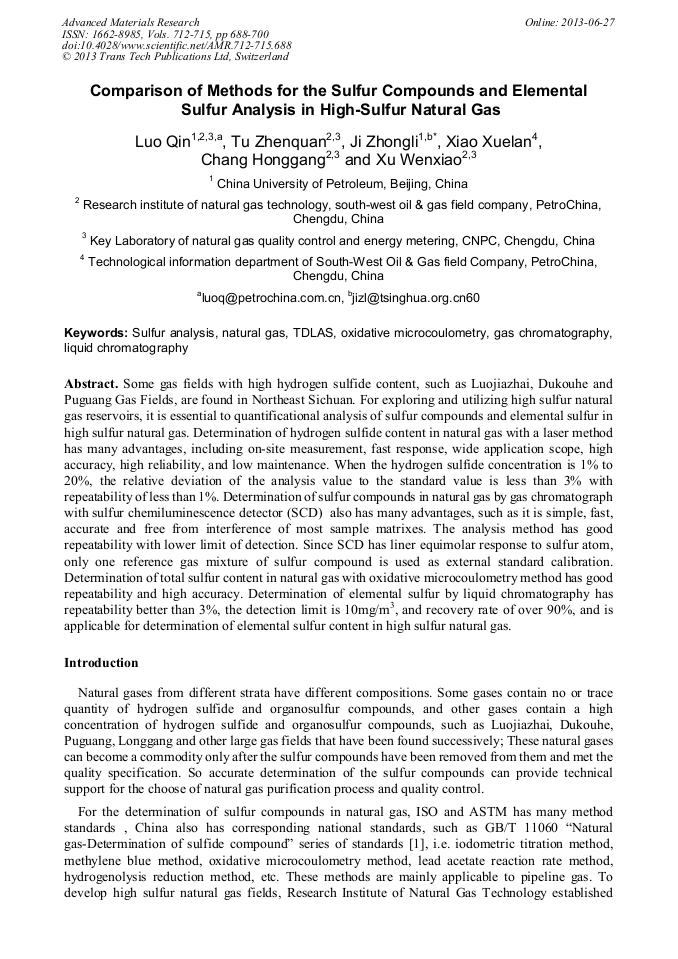 Comparison of Methods for the Sulfur Compounds and Elemental Sulfur ...