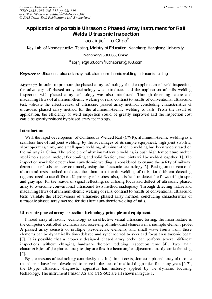 Application of Portable Ultrasonic Phased Array Instrument for Rail ...
