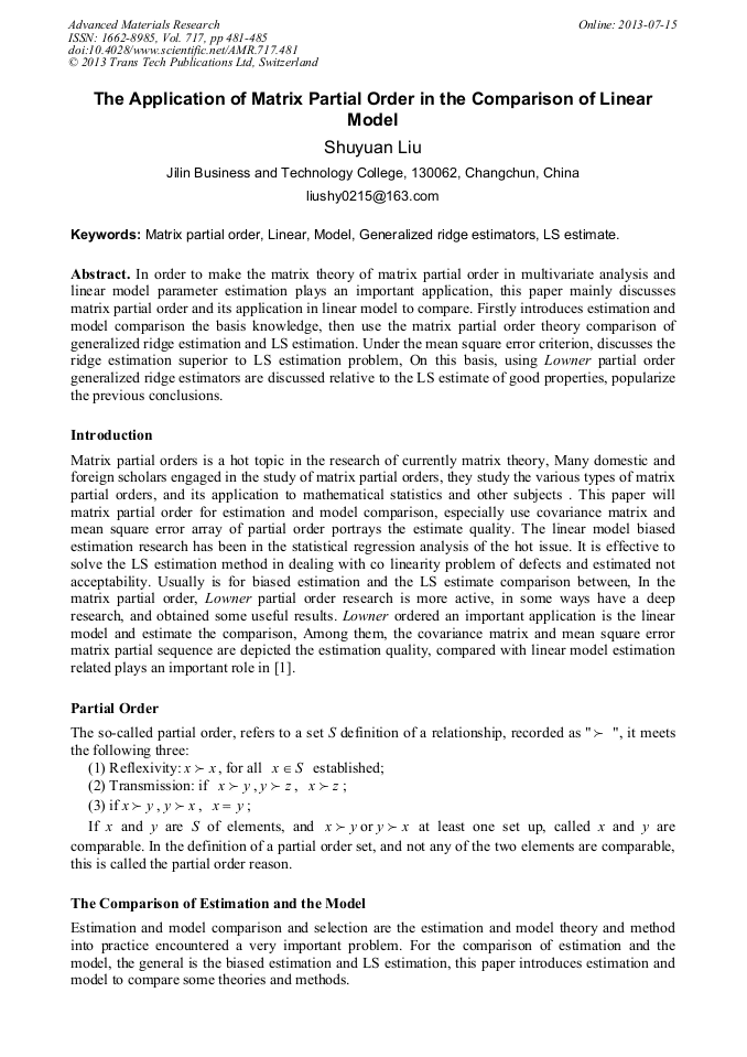 The Application of Matrix Partial Order in the Comparison of Linear ...