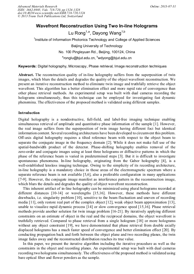 Wavefront Reconstruction Using Two In-Line Holograms | Scientific.Net