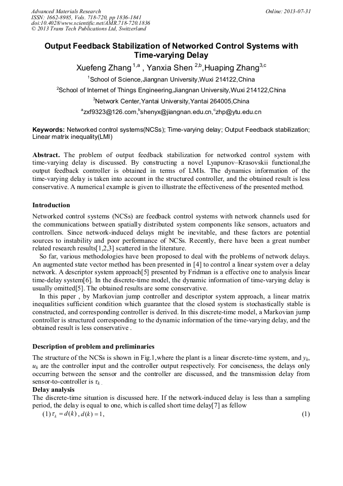 Output Feedback Stabilization of Networked Control Systems with Time-Varying Delay | Scientific.Net