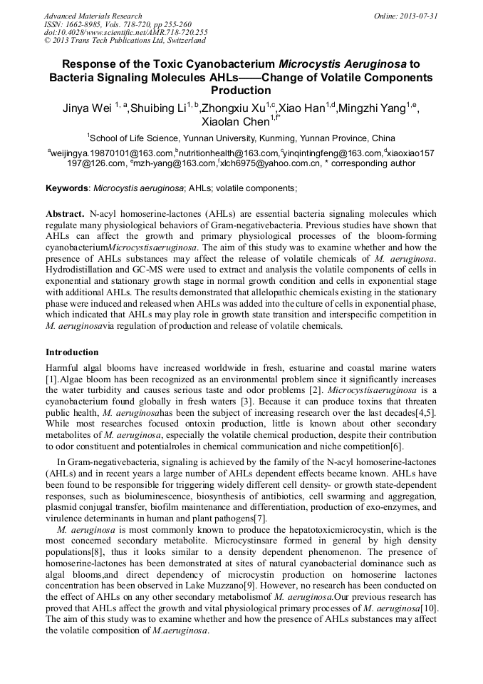 Response of the Toxic Cyanobacterium Microcystis aeruginosa to Bacteria ...