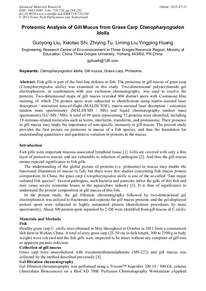 Proteomic Analysis of Gill Mucus from Grass Carp Ctenopharyngodon ...