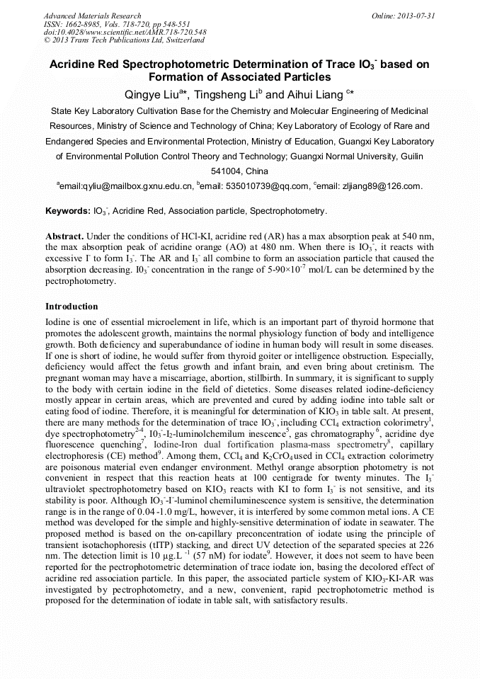 Acridine Red Spectrophotometric Determination of Trace IO3- Based on ...