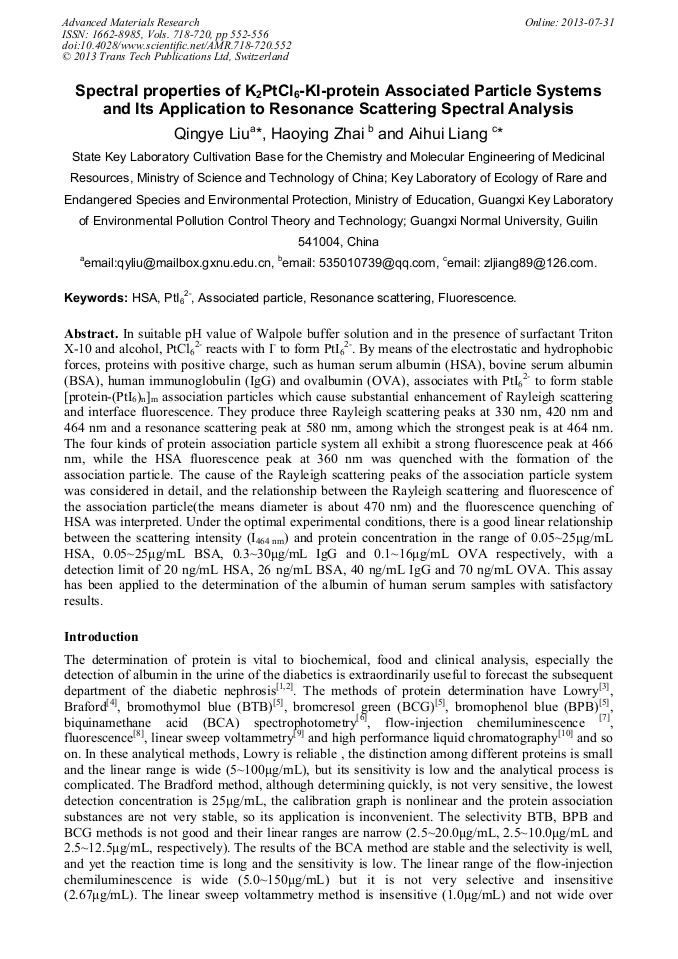 Spectral Properties of K2PtCl6-KI-Protein Associated Particle Systems ...